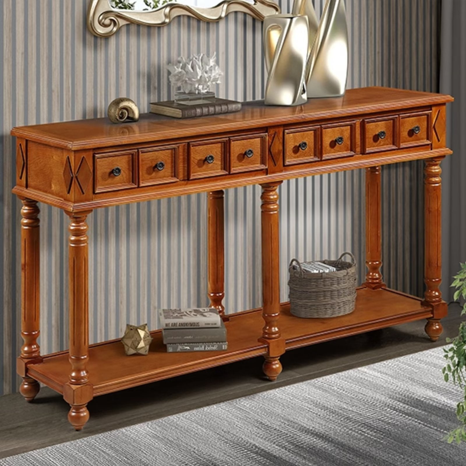 Retro Side Table, Entryway Console Table with 2 Drawers and Open Bottom ...