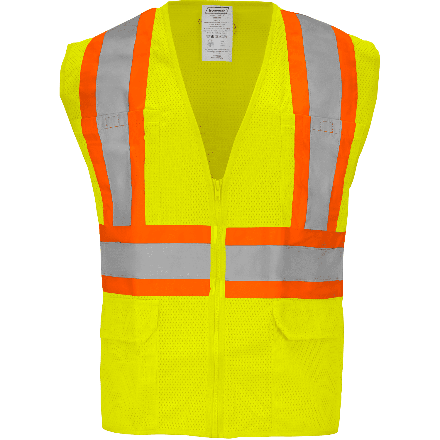 Ironwear 1287 Class 2 Polyester Safety Vest w/ Zipper & 2” Reflective ...