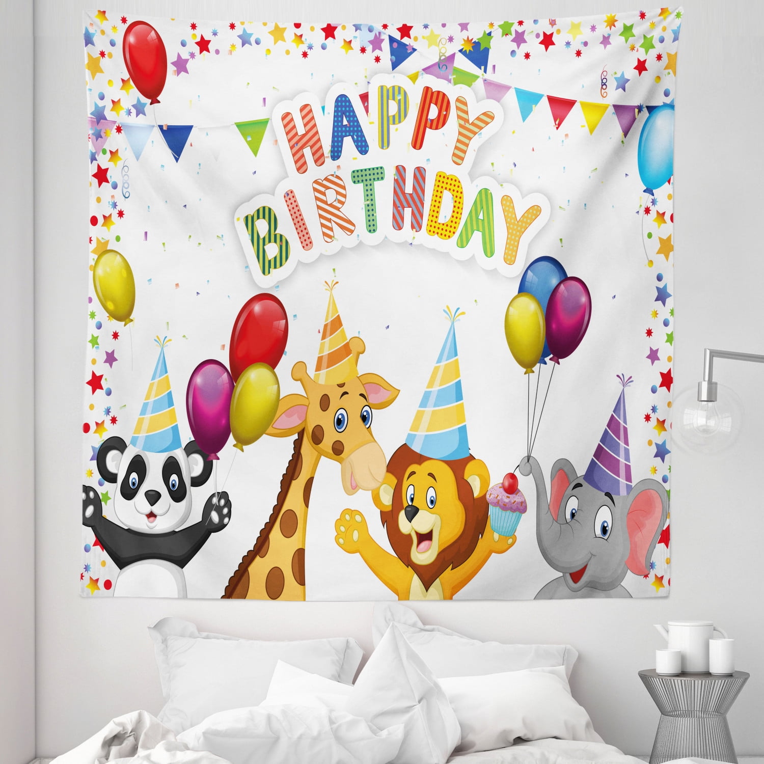 Birthday Tapestry, Cartoon Style Safari Jungle Animals at a Party with ...
