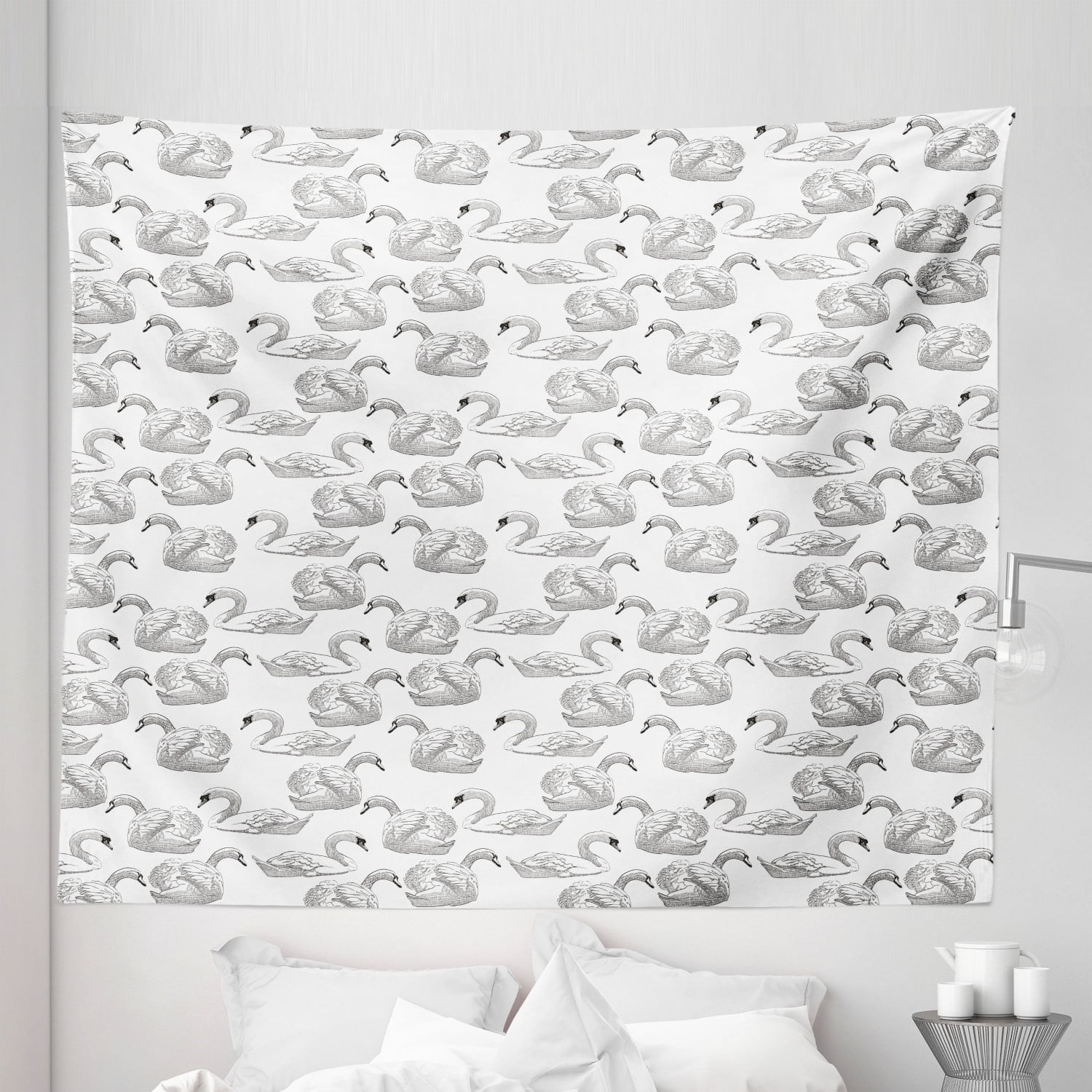 Swan Tapestry, Sketch Art Pattern of Swimming Waterfowls of Gentility ...