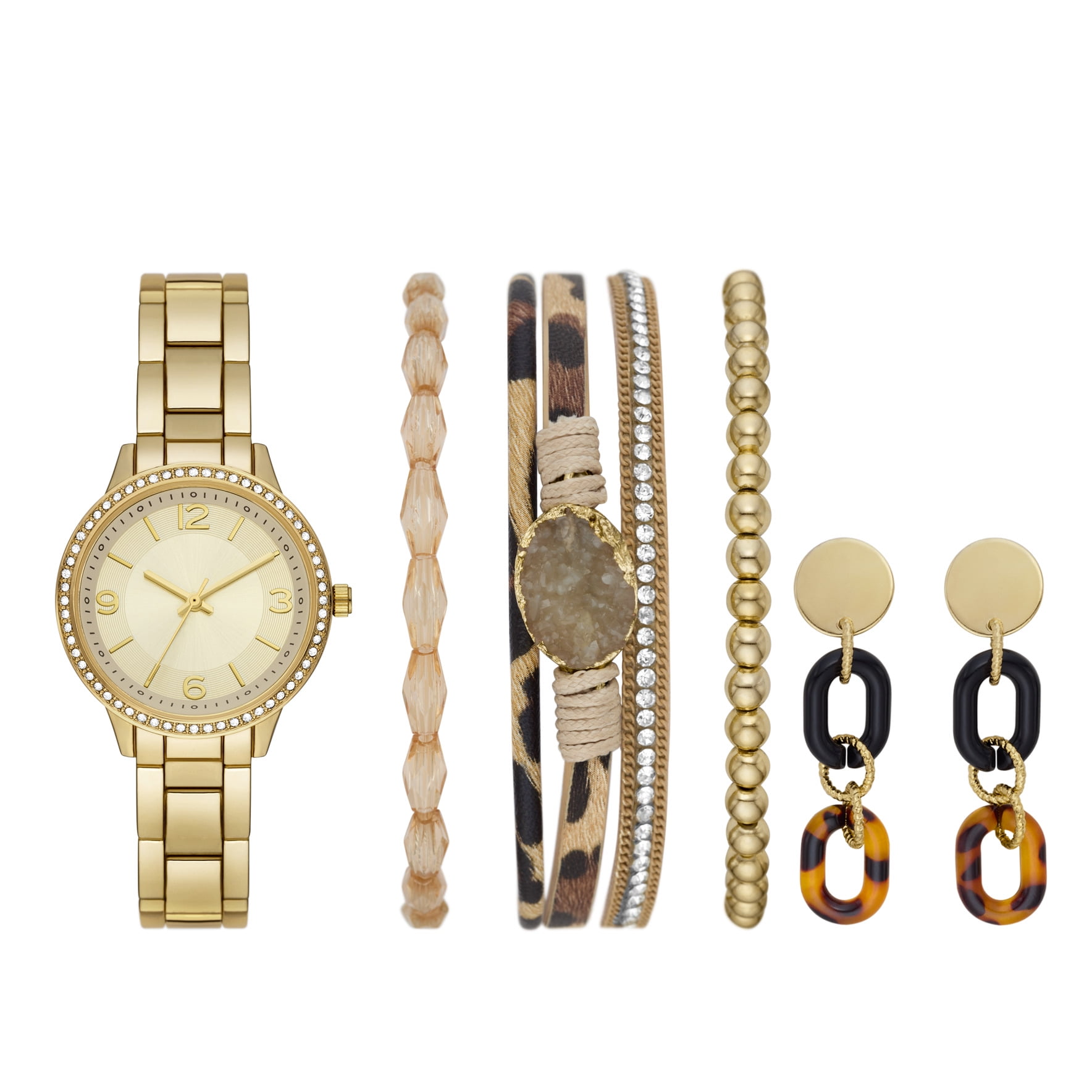 Folio Women's Gold Tone Analog Bracelet Watch with Layered Bracelets ...