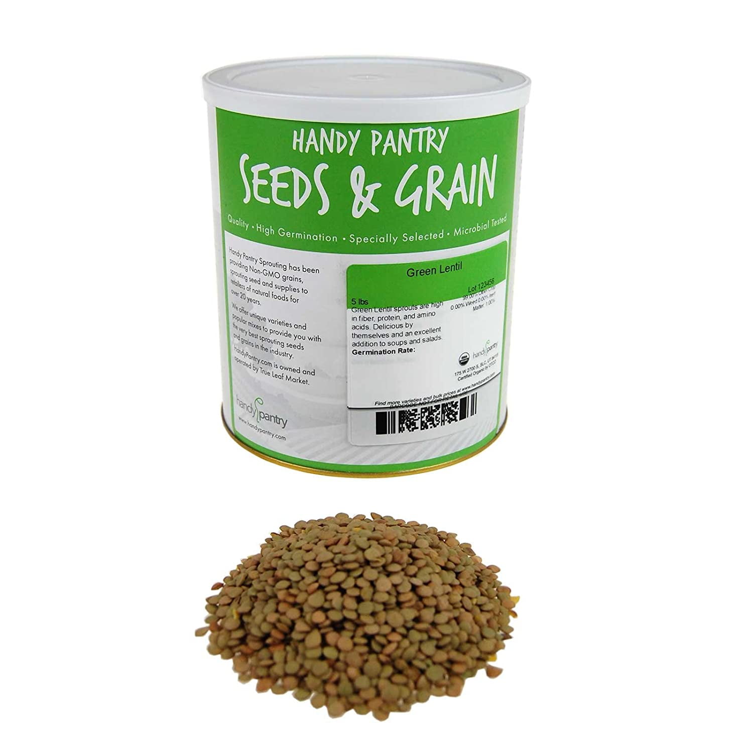 Organic Green Lentil Sprouting Seeds - 5 Lbs - Resealable Can - Handy ...
