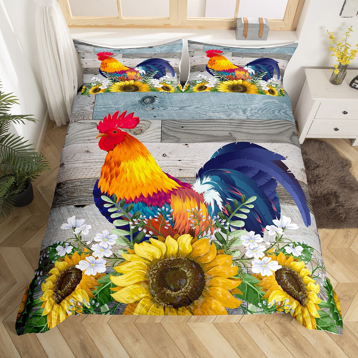 Farm Chicken Bedding Set King Country Sunflower Rooster Comforter Cover ...