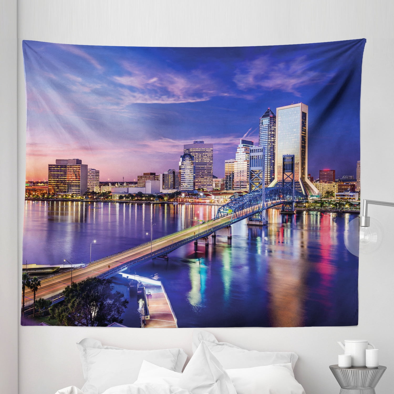United States Tapestry, Jacksonville Florida Skyline Vibrant Night St ...