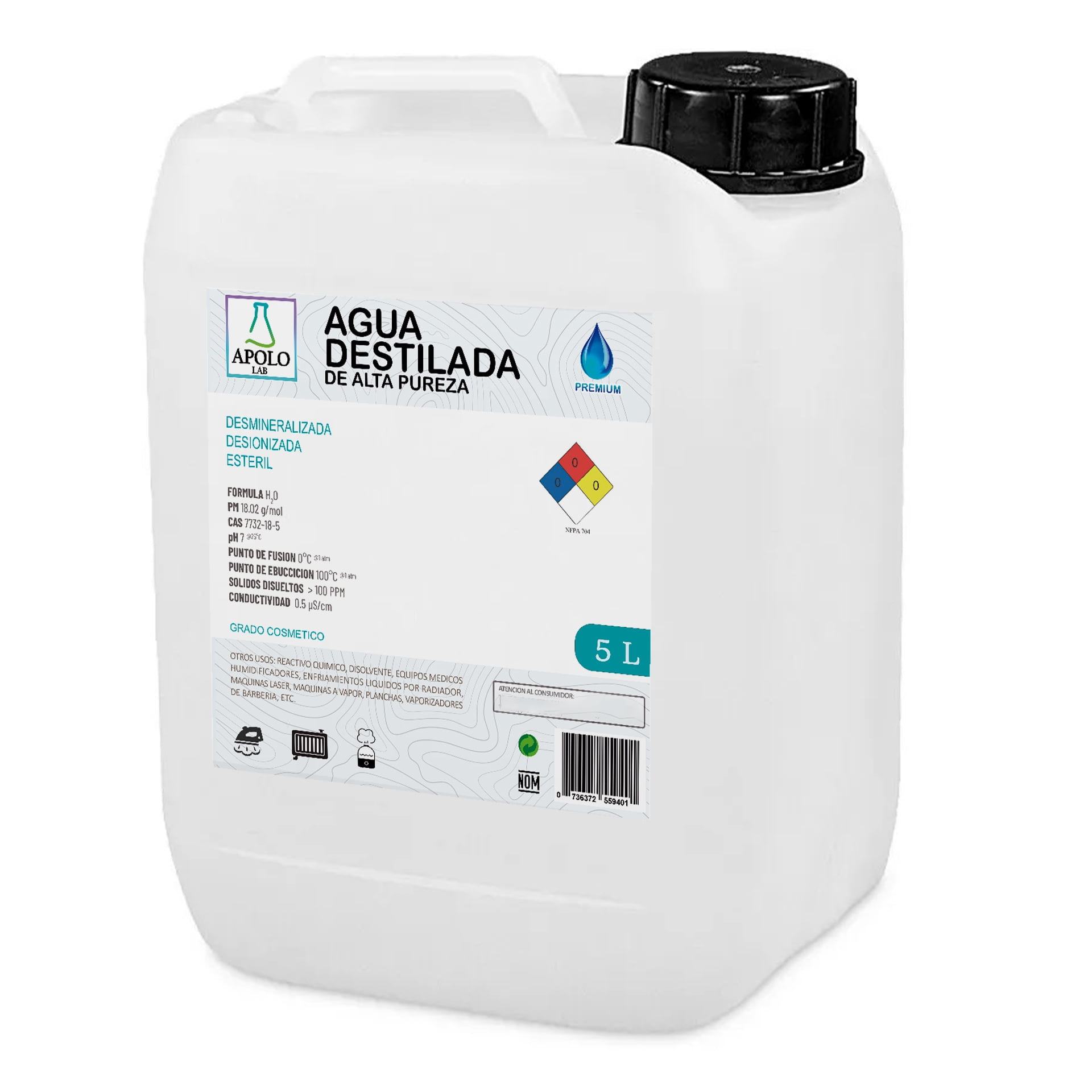 Agua Destilada de alta pureza Apolo Lab Desmineralizada, Desionizada, 5 ...