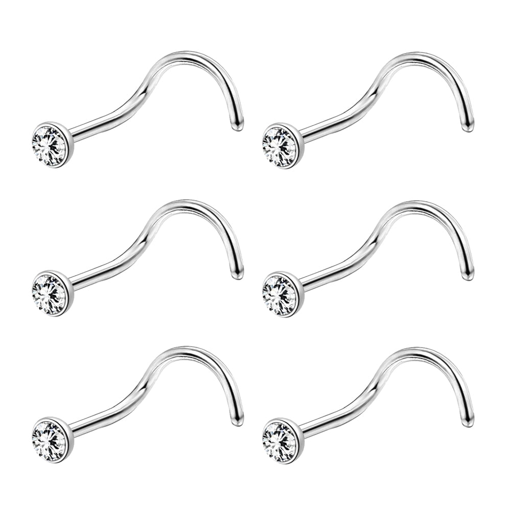 ZS 6Pcs/Set 20g Round Crystal Nose Stud Piercing Nose Bone/L Shaped ...
