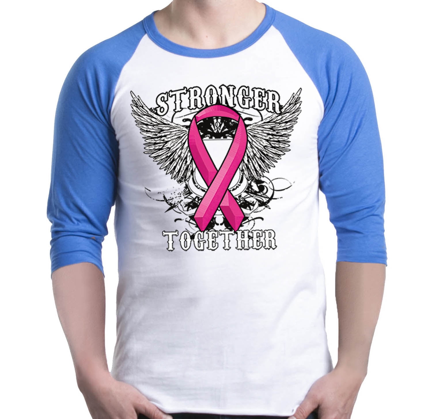 Shop4ever Mens Stronger Together Breast Cancer Awareness Raglan