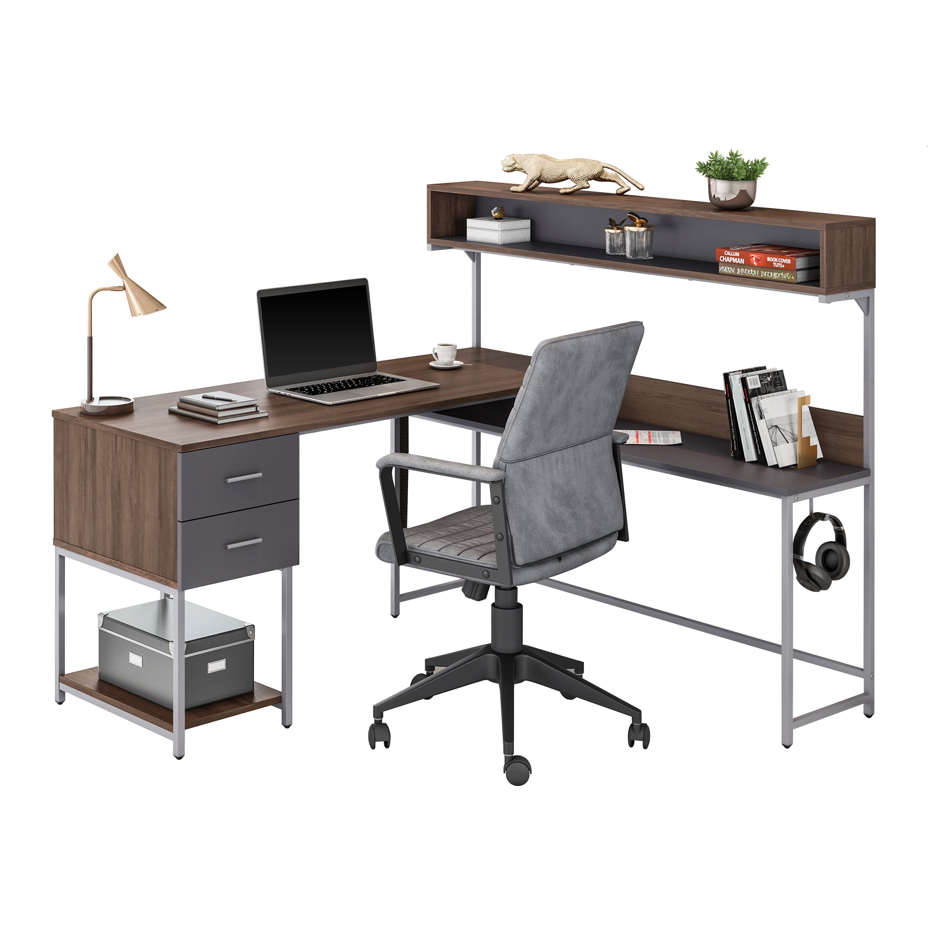 Techni Mobili L Shape Desk with Hutch and Storage Walnut RTA 737DL WAL