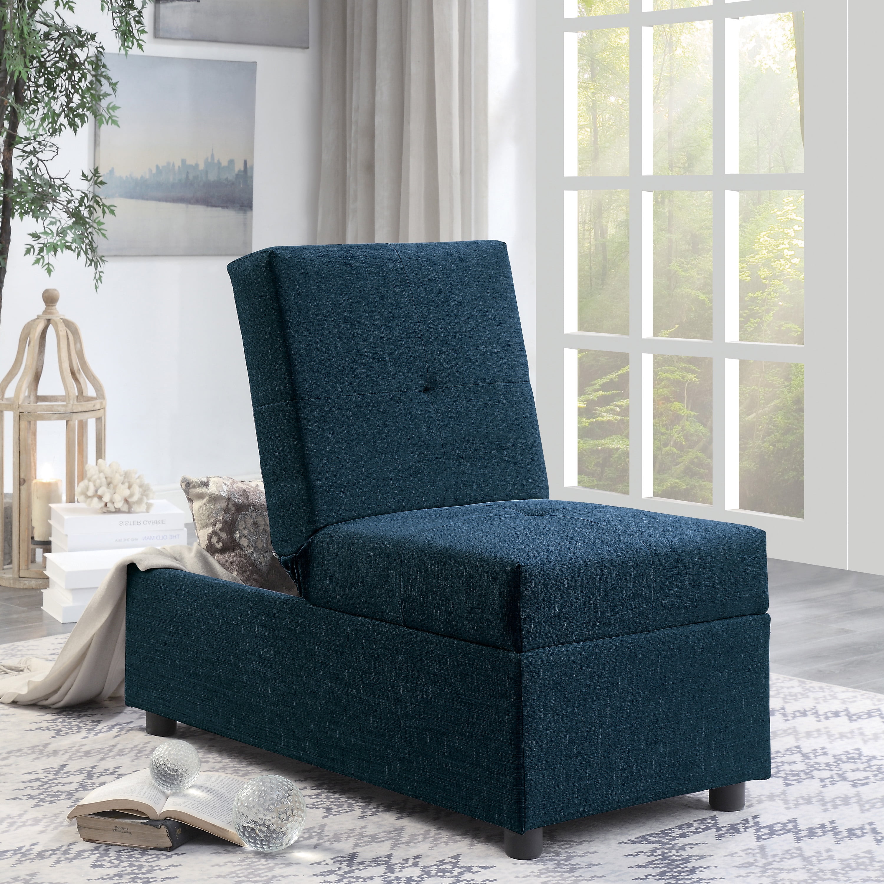 Lexiconhome Denby Fabric Convertible Storage Ottoman Chair, Blue ...