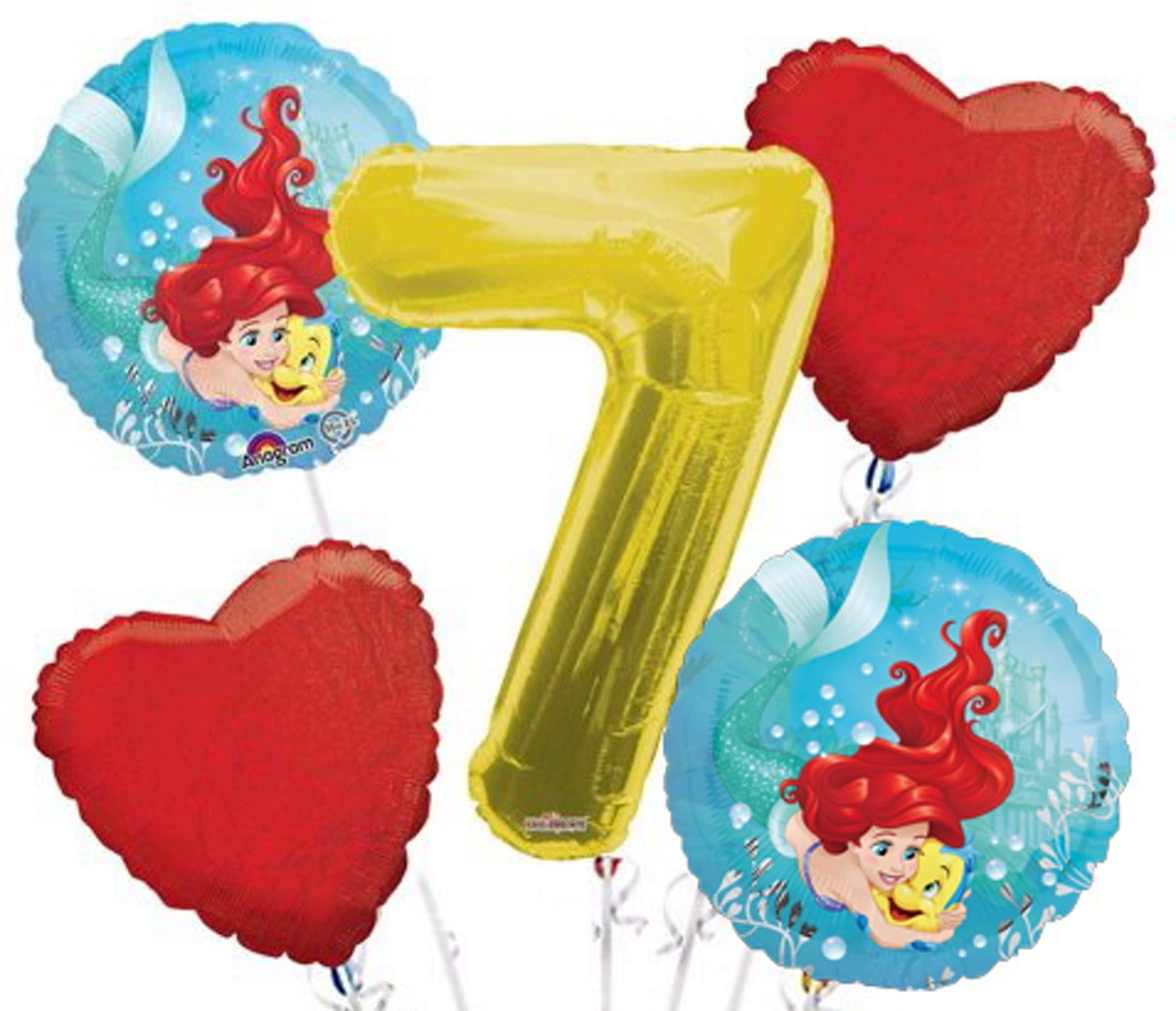 Ariel (Little Mermaid) Balloon Bouquet 5 pc, 7th Birthday, Gold Number ...