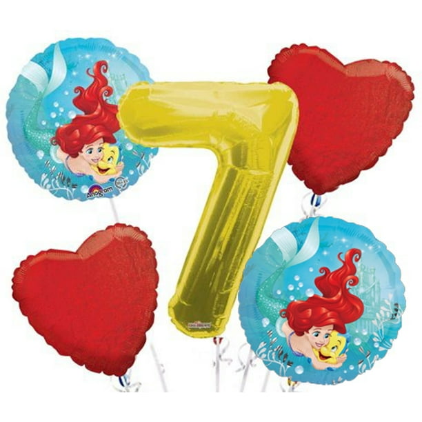 Ariel (Little Mermaid) Balloon Bouquet 5 pc, 7th Birthday, Gold Number ...