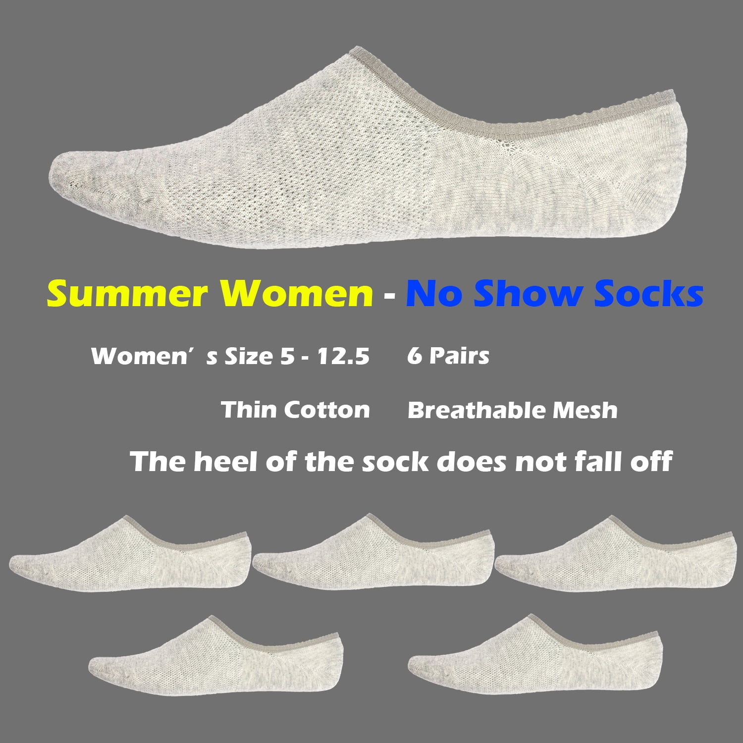 AZ26 No-Show Socks, Summer Grey Thin Cotton Built-in Sock,Women's Sizes ...