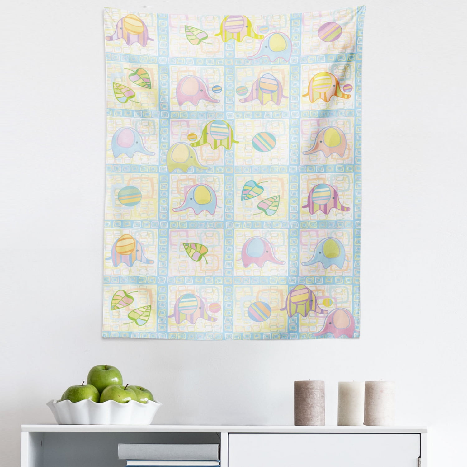 Cartoon Tapestry, Funny Elephants with Balls and Leaves Drawing Style ...