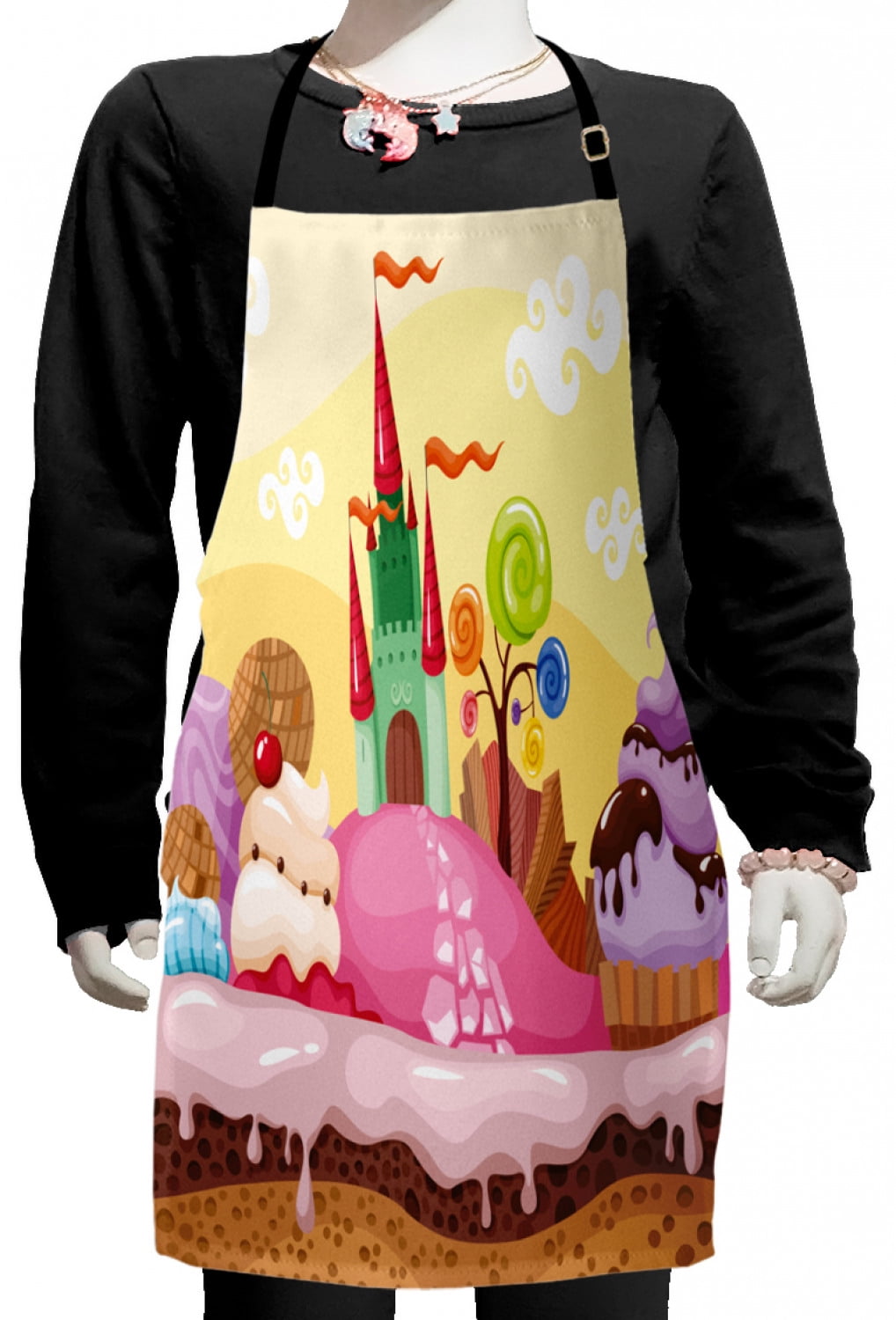 Cartoon Kids Apron, Kids Castle Landscape with Donuts Muffins Ice Cream ...