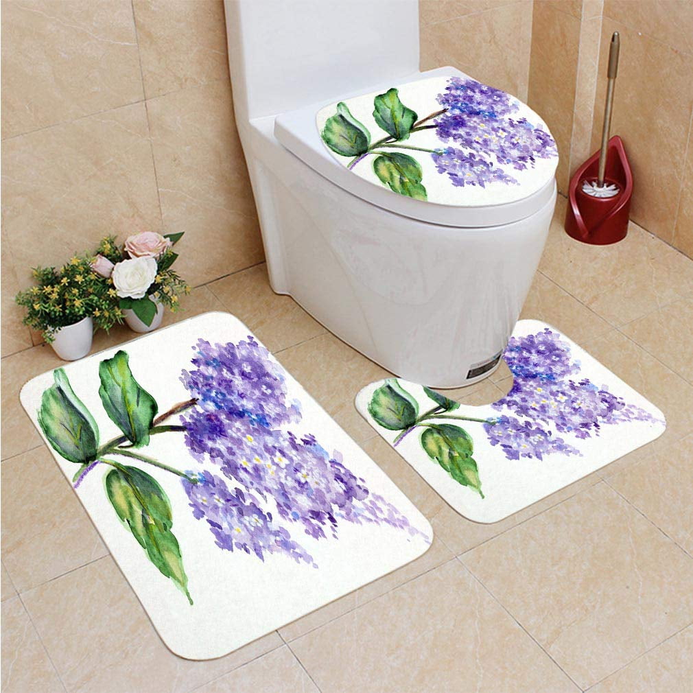 GOHAO Original Watercolor Painting Lilacs 3 Piece Bathroom Rugs Set ...