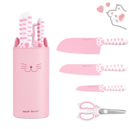 Hecef Cute Knife Block Set, 5 piece Pink Cat Paw Knife with Scissors ...