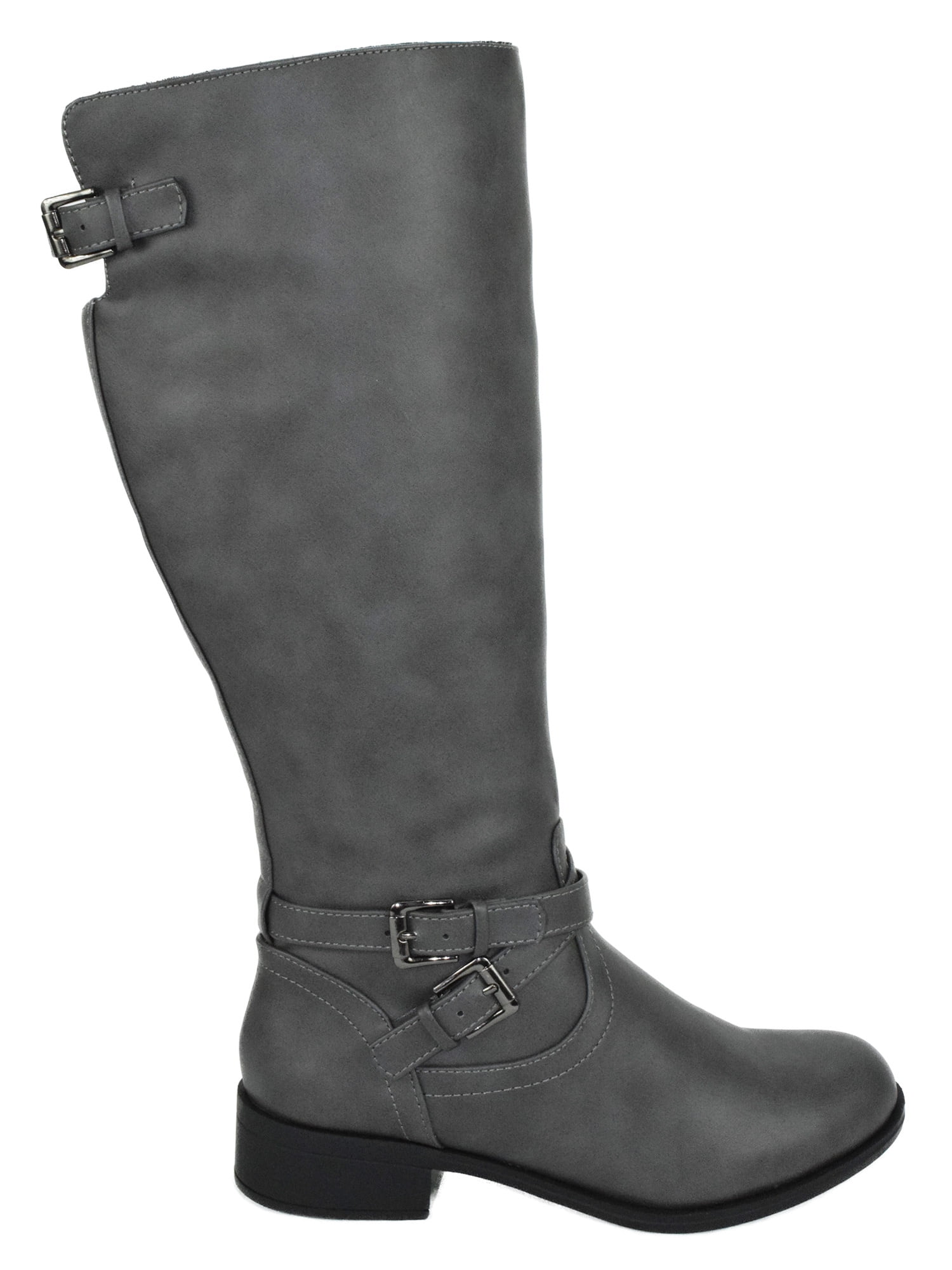 bio Gray Soda Women Knee High Buckled Riding Small Heel Flat Boots Side ...