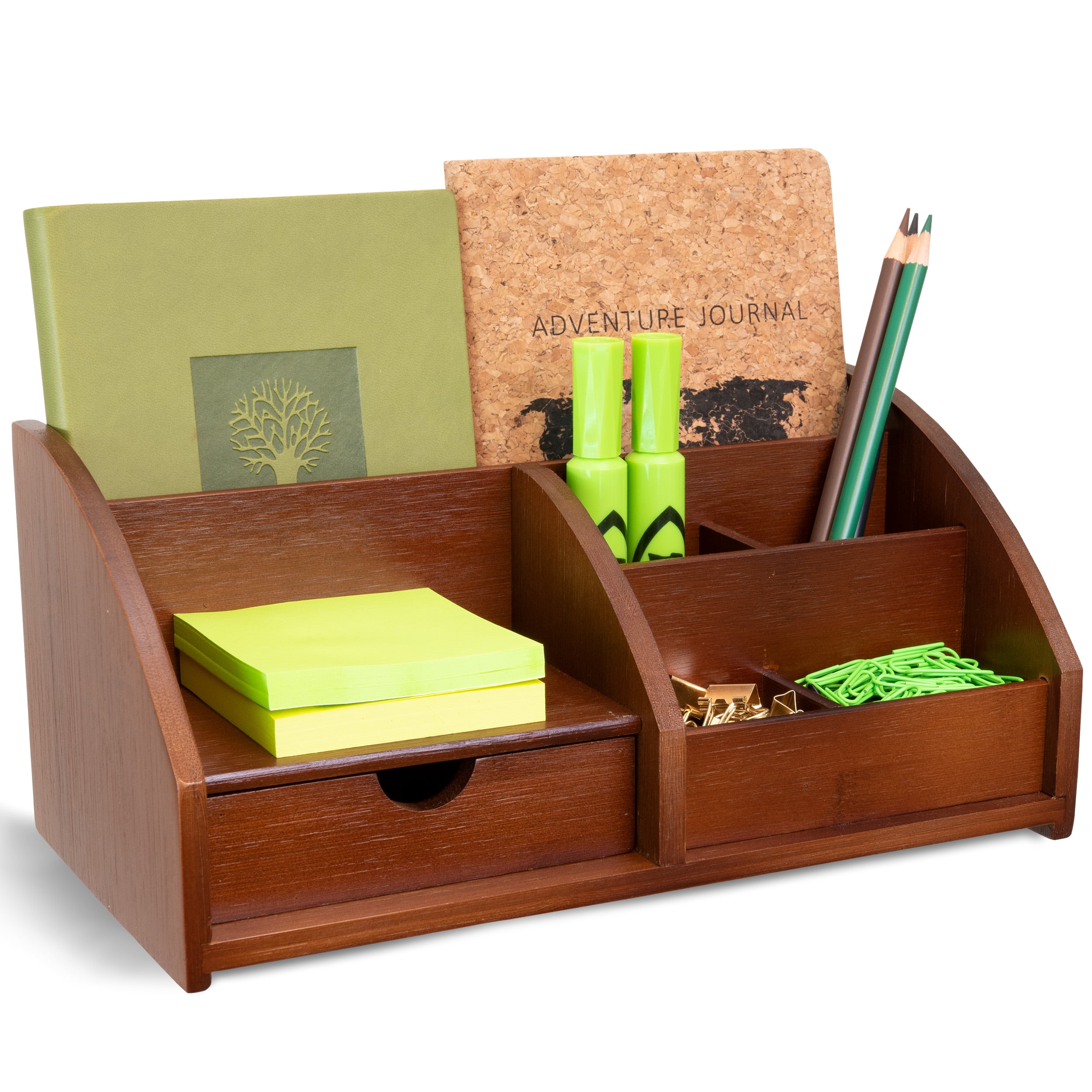 MissionMax Brown Bamboo Organizer with Drawer, Compartments & Notebook ...