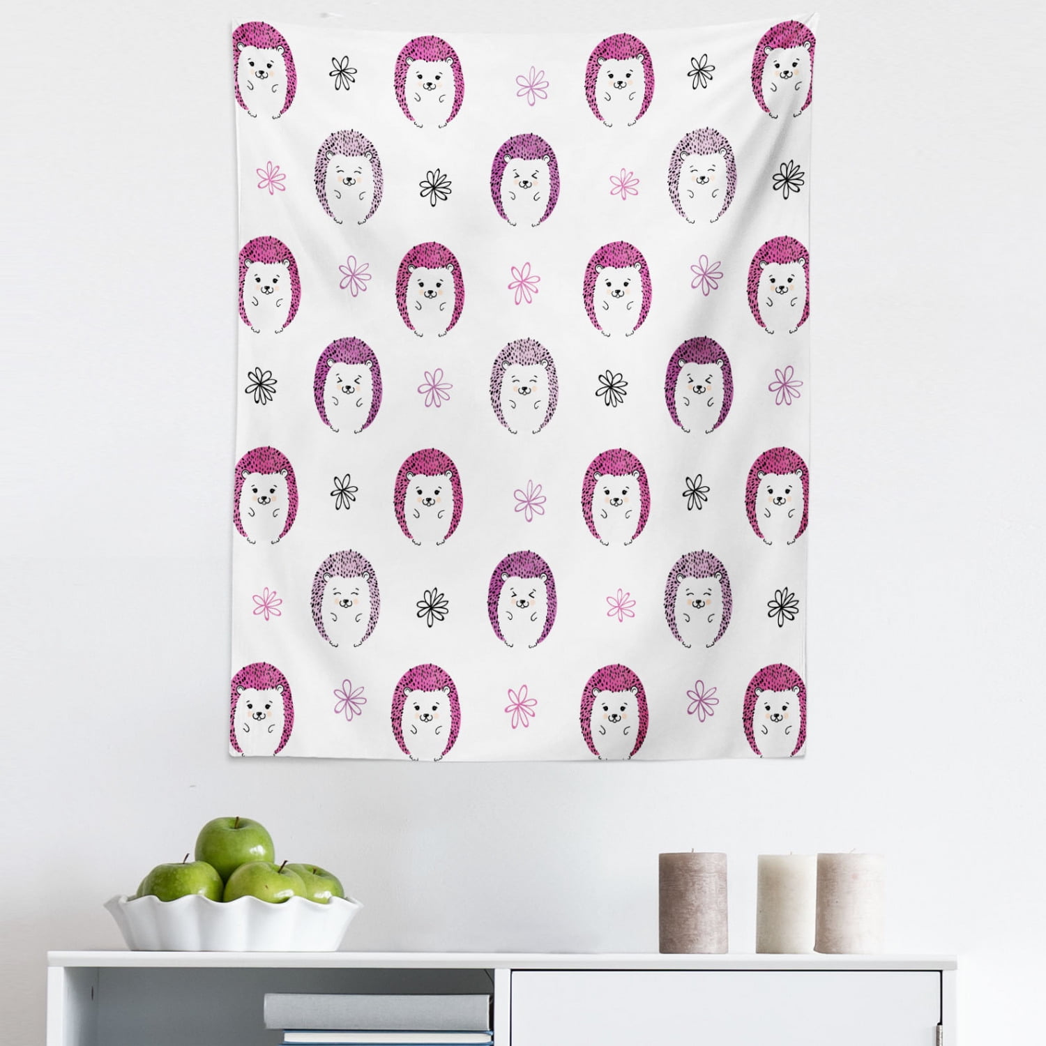 Hedgehog Tapestry, Colorful Spiky Animals with Faces Doodle Flowers ...