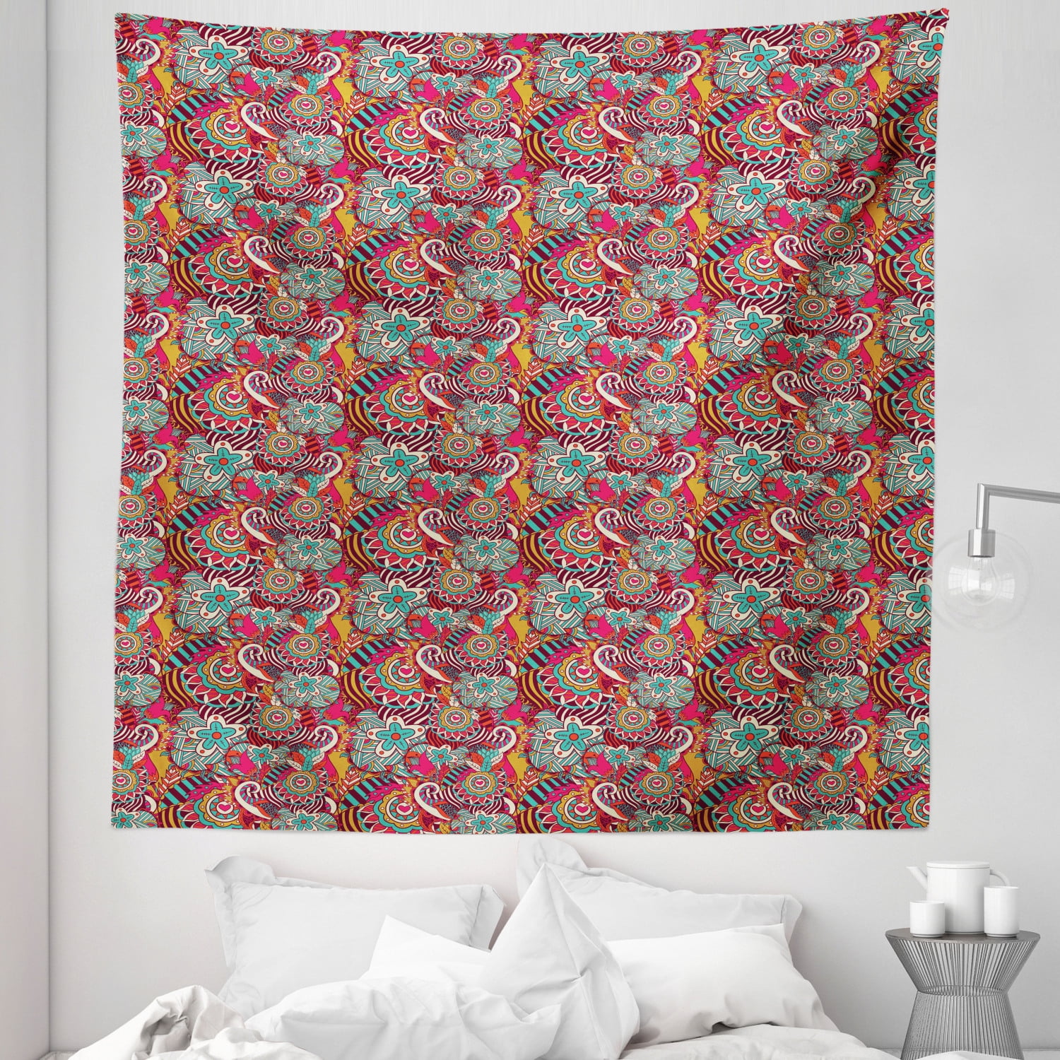 Colorful Tapestry, Hand Drawn Composition with Flowers Stars and Hearts ...