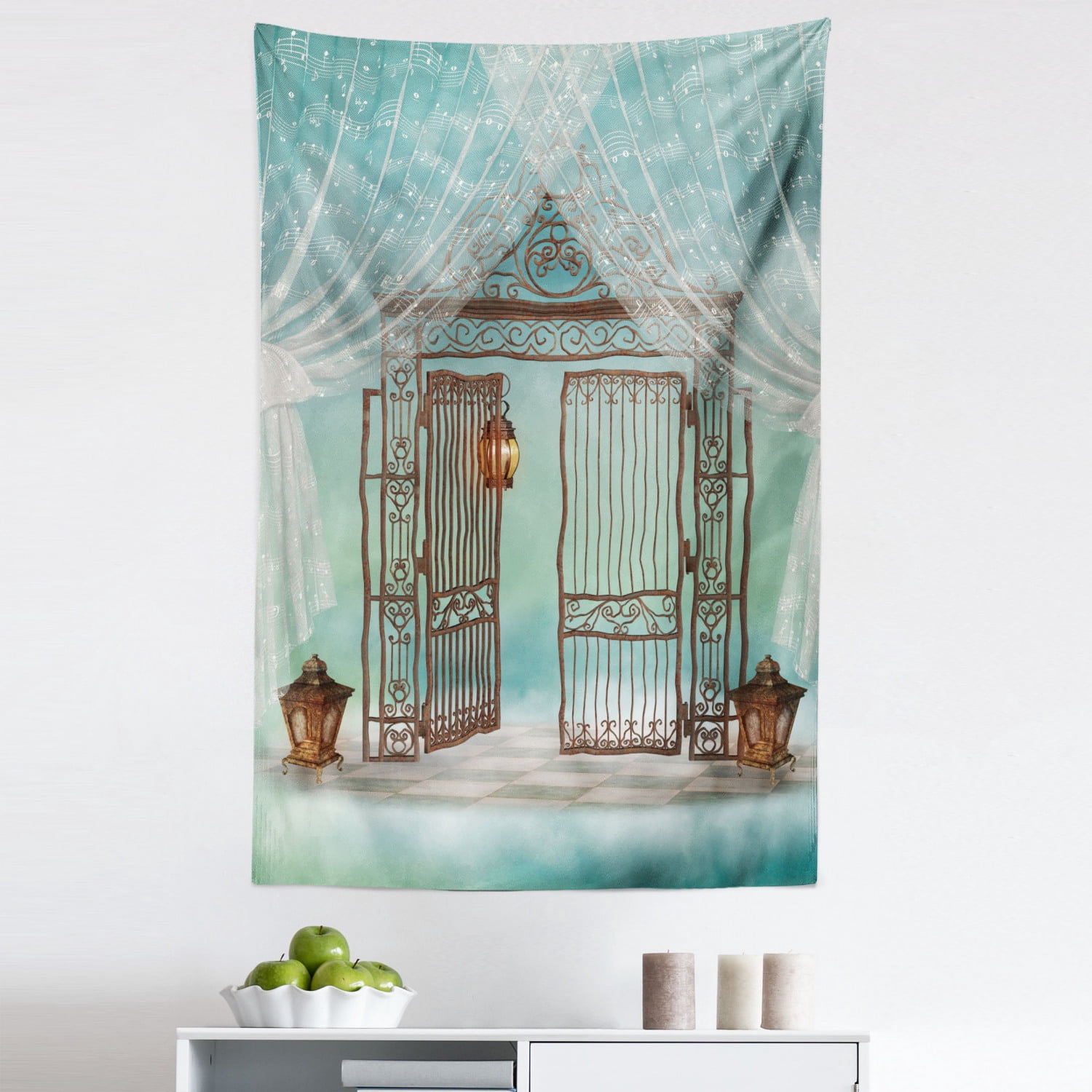 Retro Tapestry, Old Gate and Curtain Composition on Checkered Floor ...