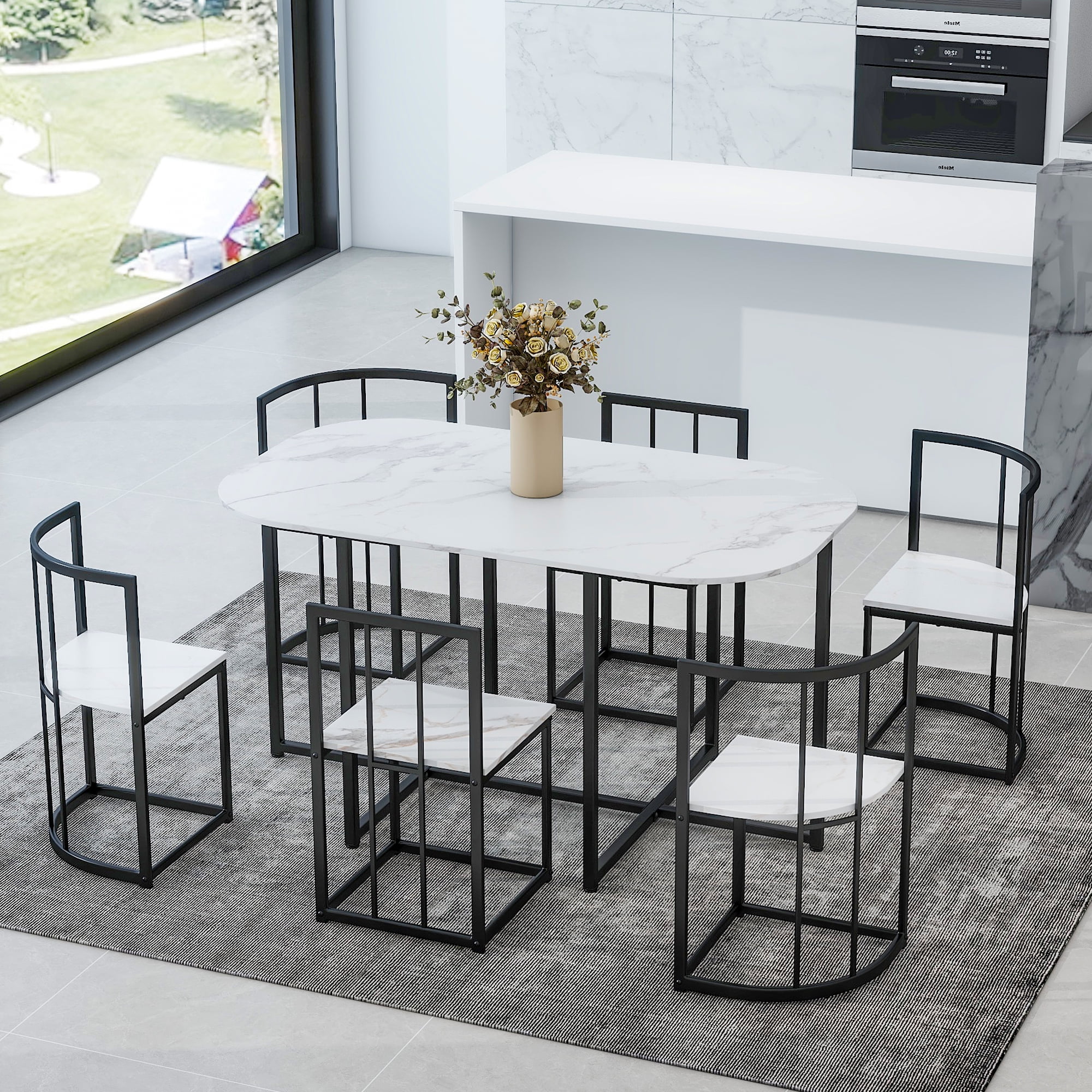 EUROCO 55"L Modern 7-Piece Dining Table Set with Faux Marble Compact ...