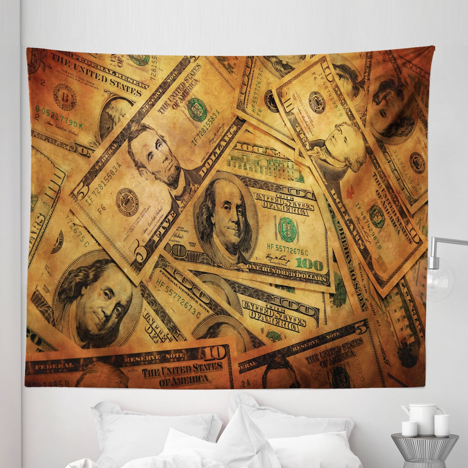 Money Tapestry, Grunge Style Background with Fiver Sawbuck and Century ...