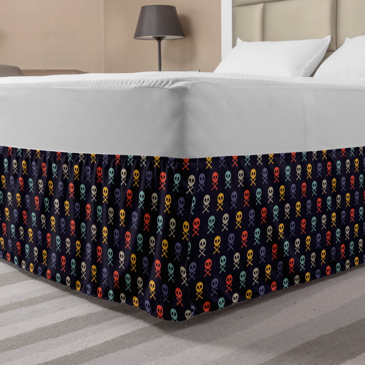 Pixel Art Bed Skirt, Skull with Bones Pirate Inspired Colorful Motifs ...