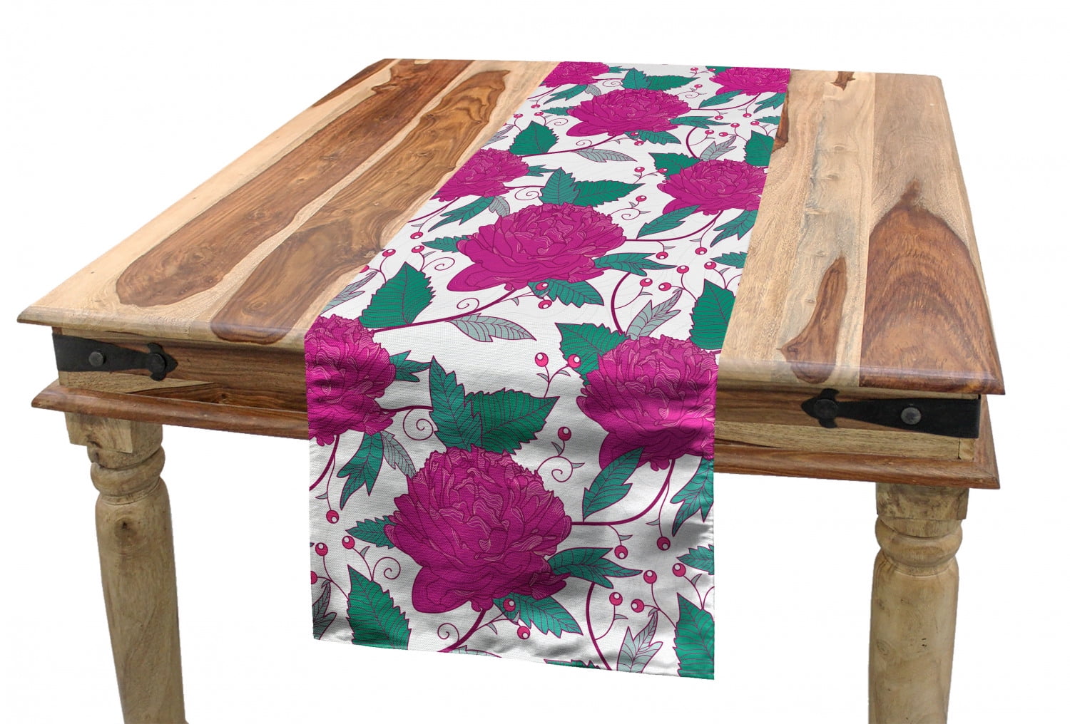 Floral Table Runner, Detailed Flower Twig Berries Veined Leaves Print ...
