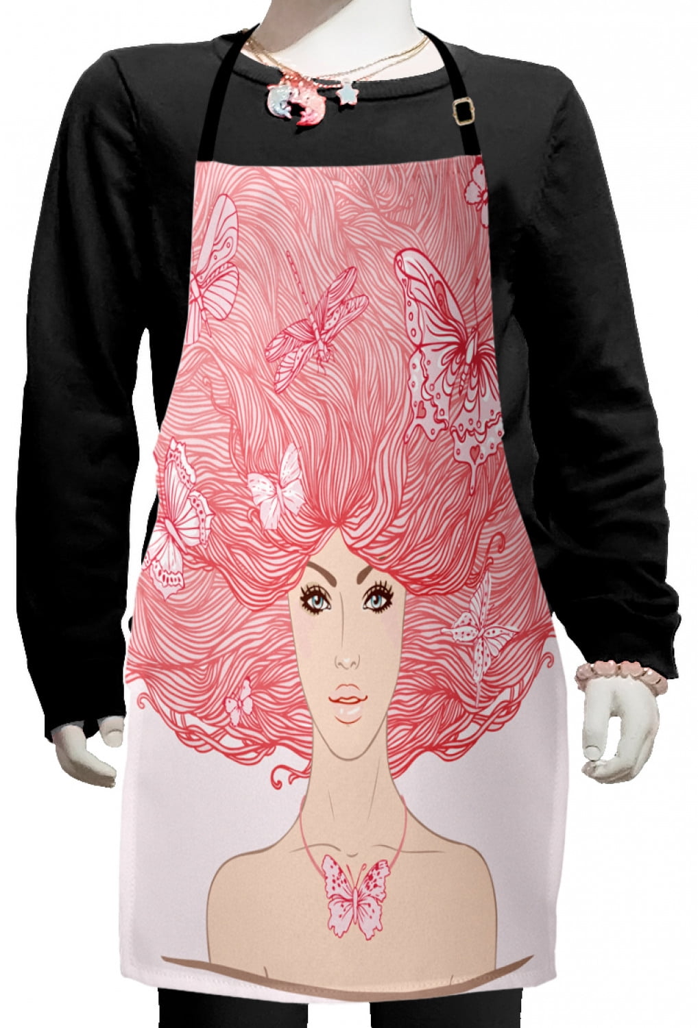 Pink Kids Apron, Sketchy Hand Drawn Style Girl with Butterflies in Her ...