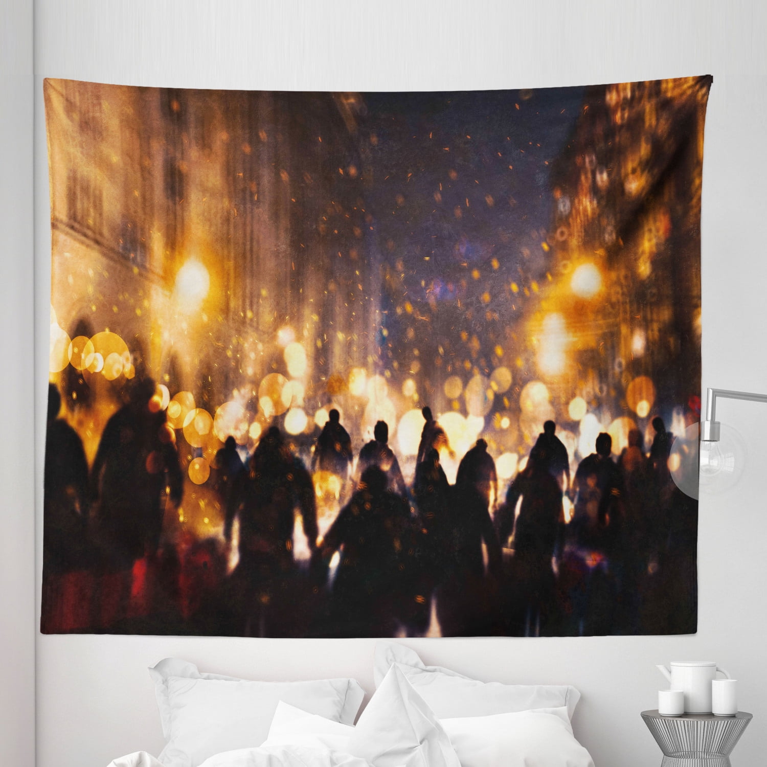 Zombie Tapestry, Burning Town Urban Chaos with Human Silhouettes in ...