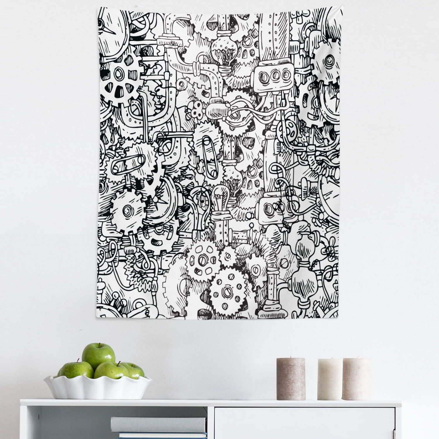 Steampunk Tapestry, Hand-Drawn Monochrome Doodle with Cluster of ...