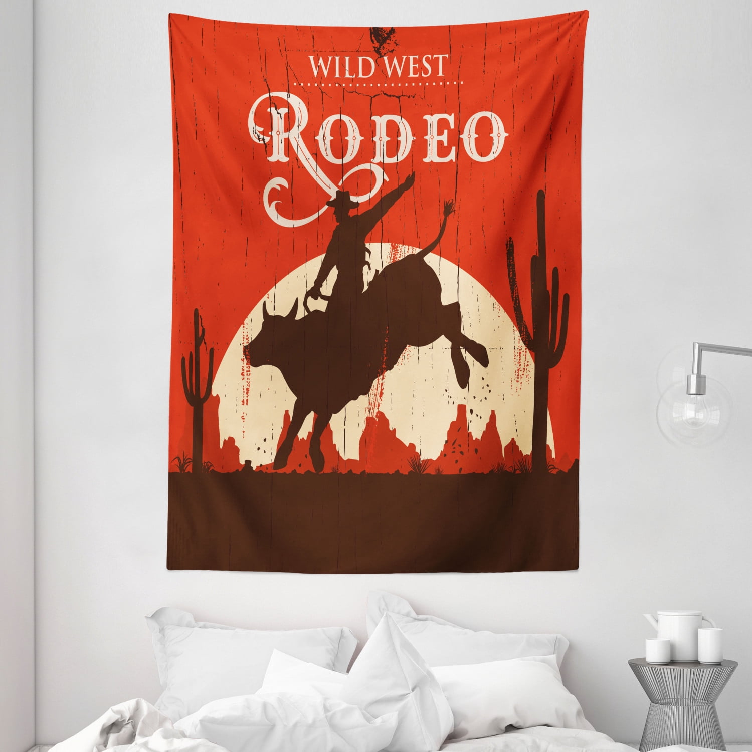 Vintage Tapestry, Rodeo Cowboy Riding Bull Wooden Old Sign Western ...