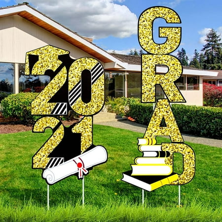 Fortunenine 4 Pieces 2021 Graduation Yard Sign Gold Glitter Grad Lawn ...