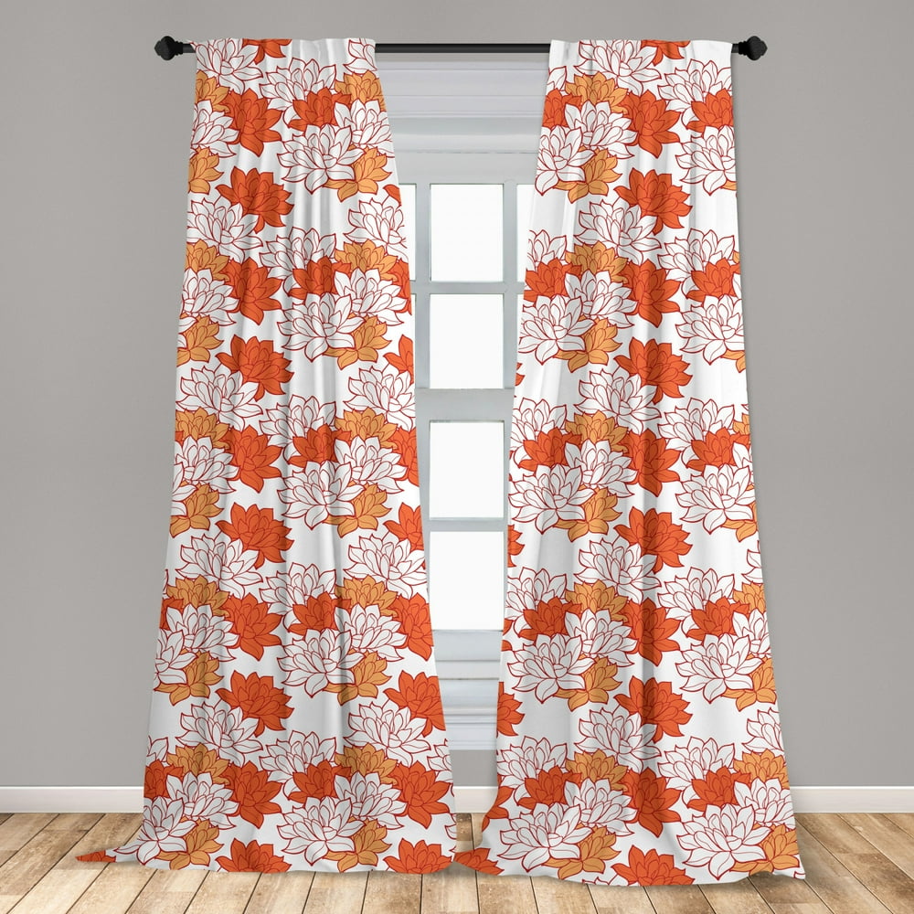 Orange Curtains 2 Panels Set, Blossoming Hand Drawn Lotus Leaves Garden ...