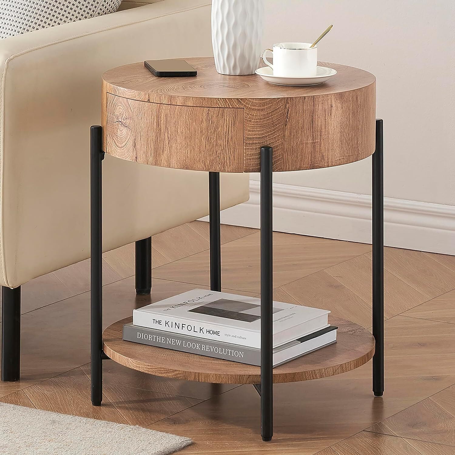 Homefan Round End Table Wood Side Table with Drawer Farmhouse Circle End Tables Accent Bedside Table Metal Frame Small Nightstand for Living Room Bedroom and Small Spaces Natural Walmart