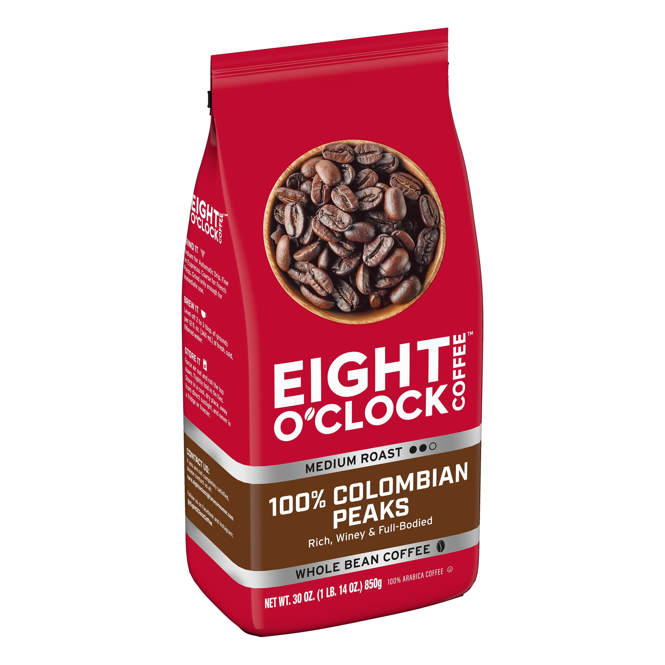 Eight O'Clock Coffee Medium Roast Whole Bean 100% Colombian Peaks ...