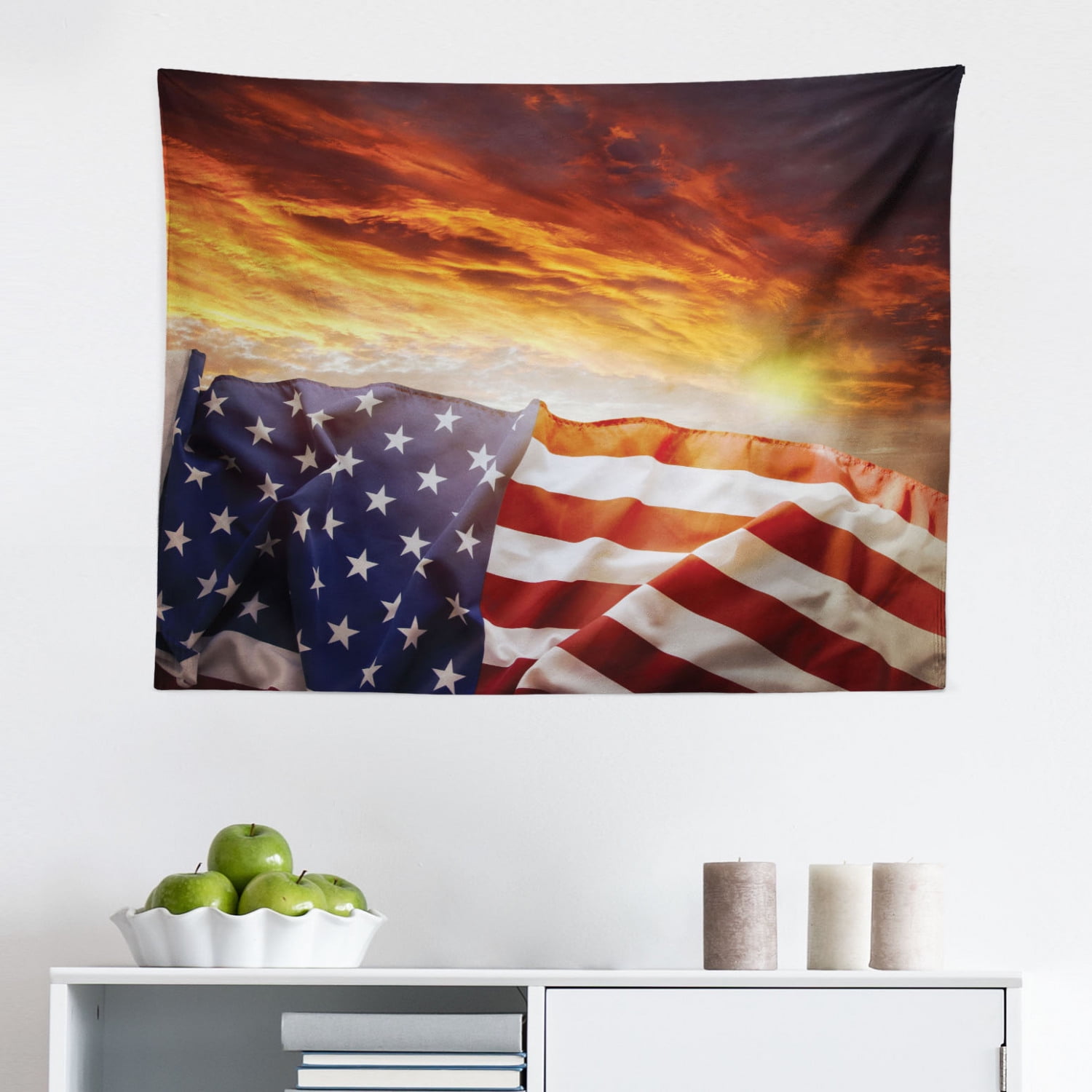 American Flag Tapestry, USA Flag Over Vertical Striped Wooden Board ...