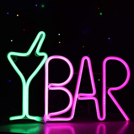 Bar Sign Neon Light USB Powered Green Cocktail Glass & Pink BAR Light ...
