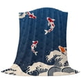 Blue Ocean Waves Fleece Throw Blanket Japanese Style Red Fish Harmony ...