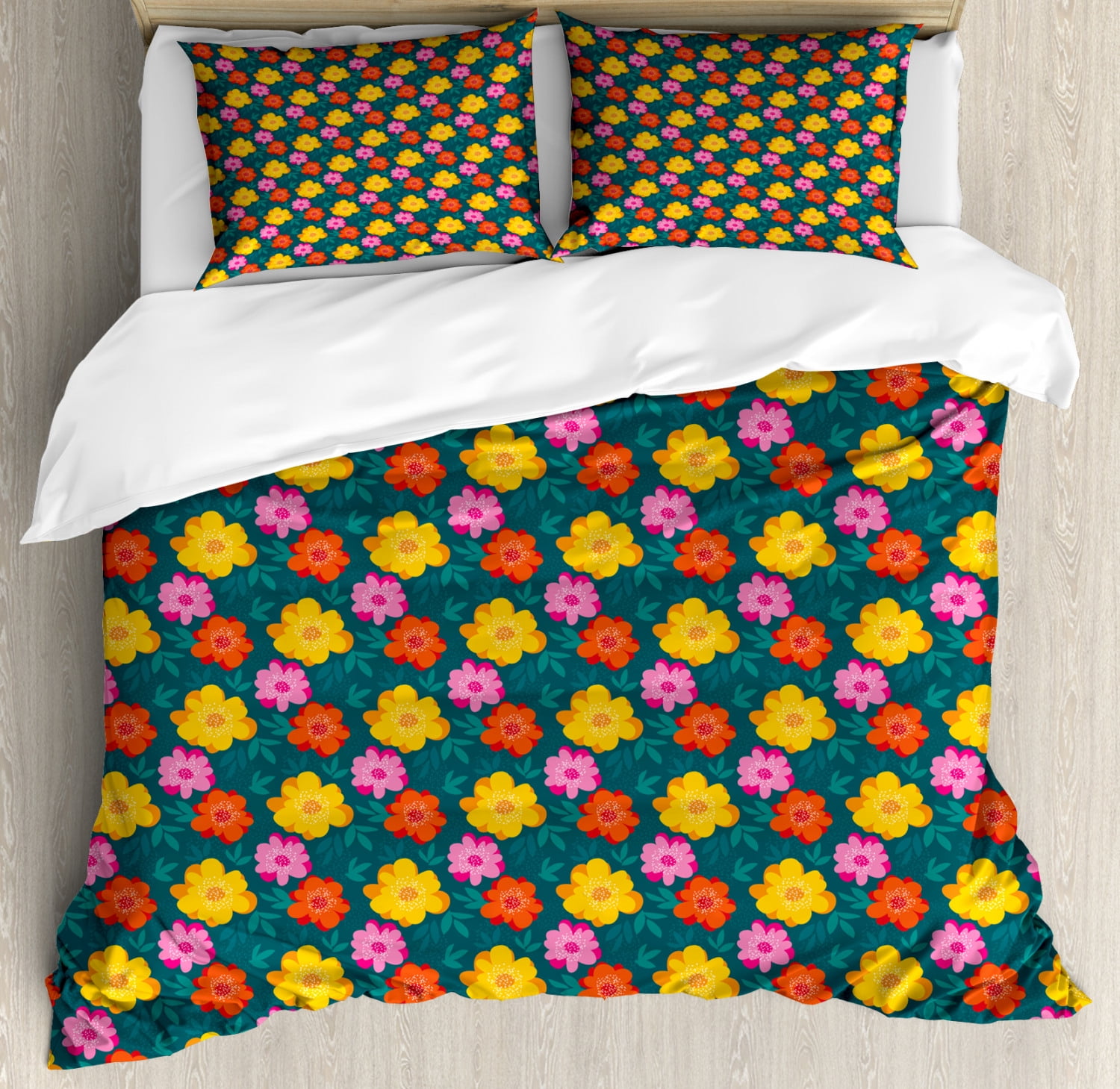 Colorful Duvet Cover Set Queen Size, Abstract Hand Drawn Flowers ...