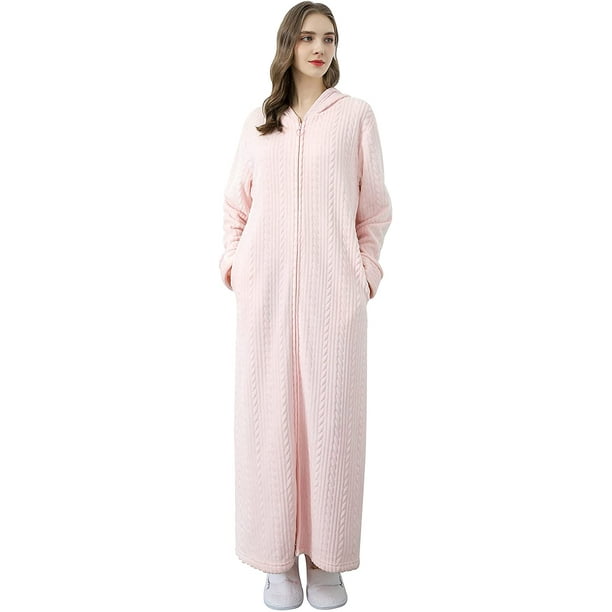 Long Zipper Front Robes Women House Coat Long Sleeve Loungewear Long ...