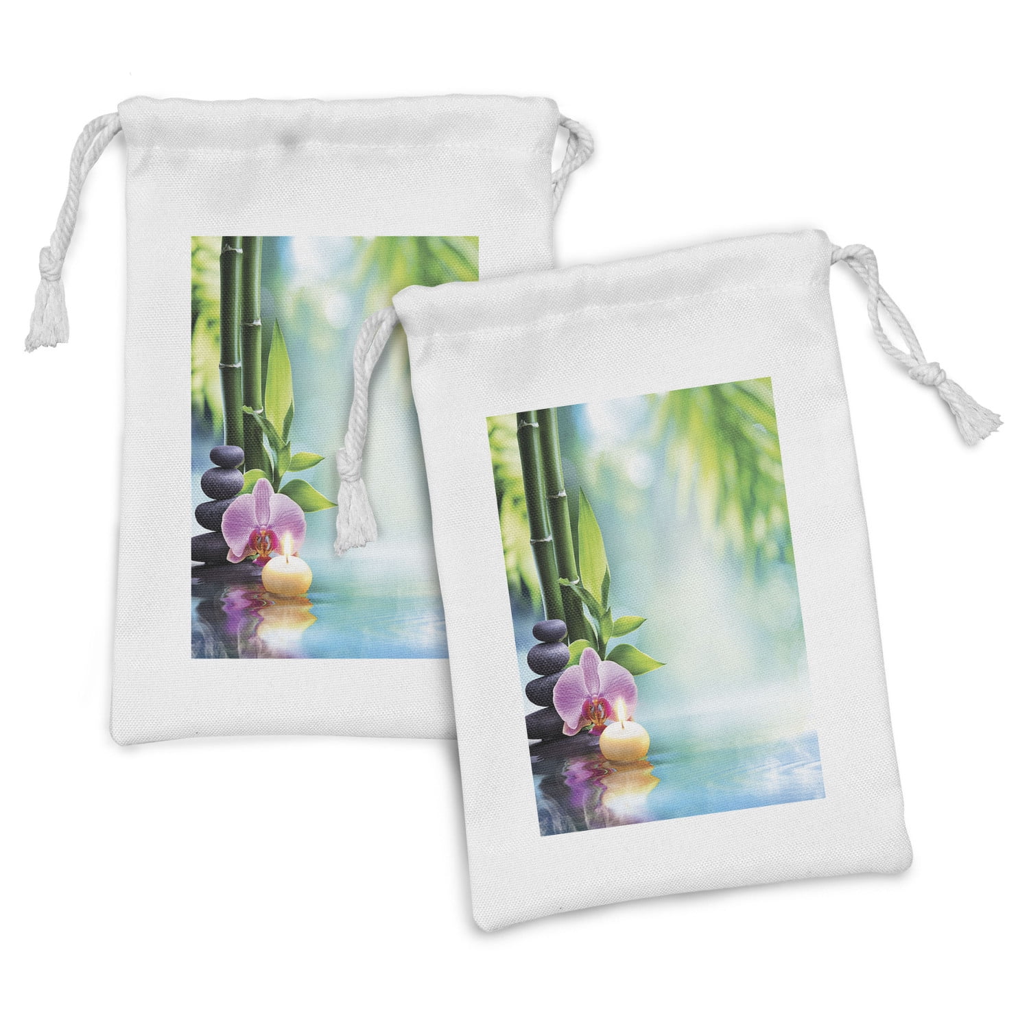 Spa Fabric Pouch Set of 2, Symbolic Features Candle and Bamboos ...