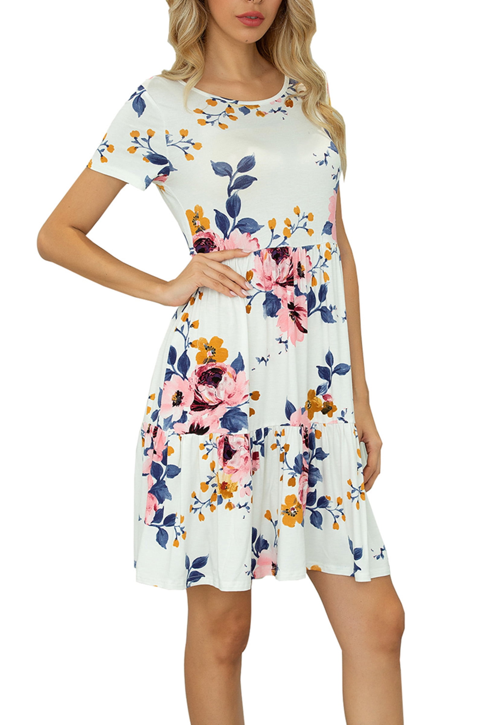 CALIPESSA Womens Summer Tiered Layer White Floral Print Short Dress ...