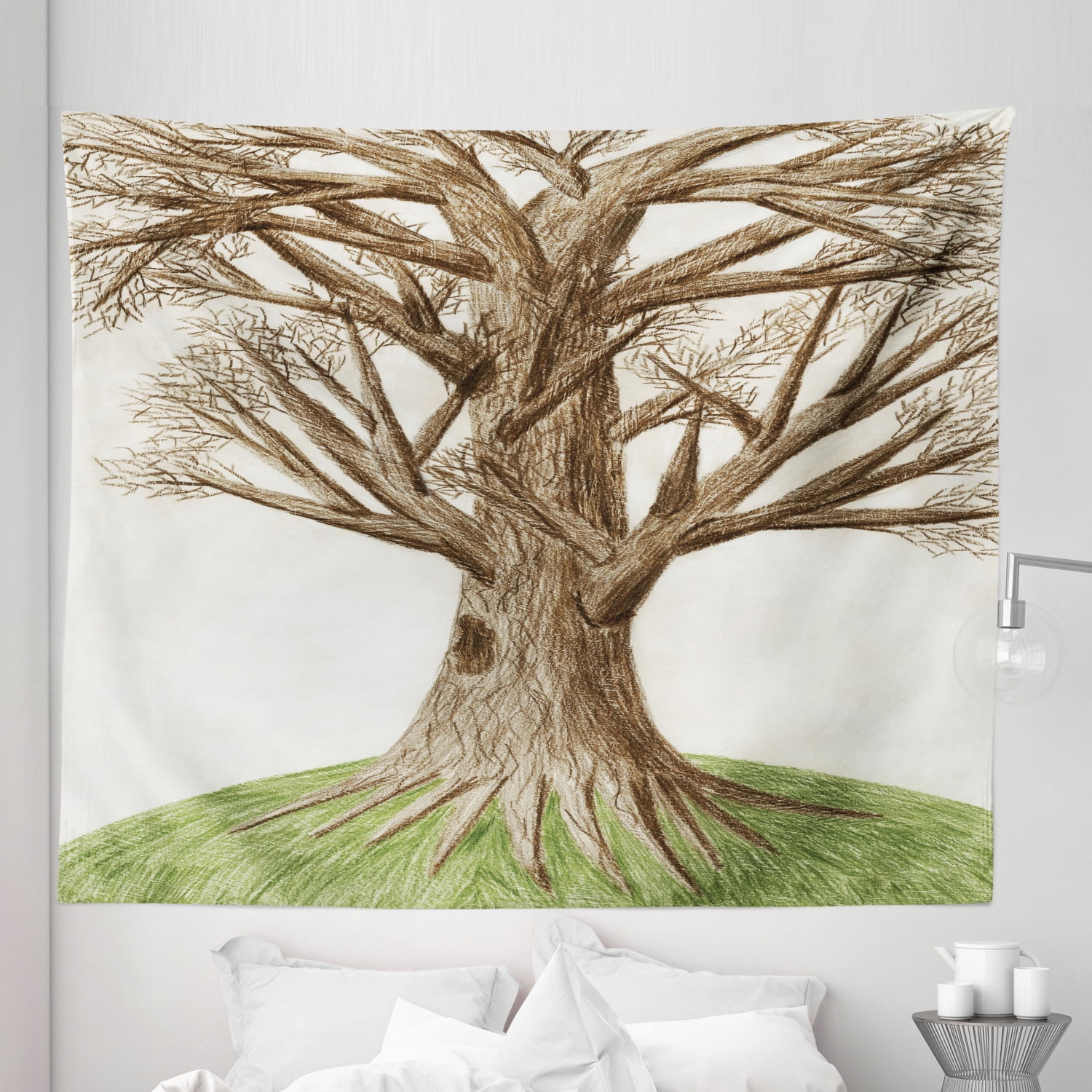 Tree Tapestry, Hand Drawn Pastoral Single Old Tree with Growing ...