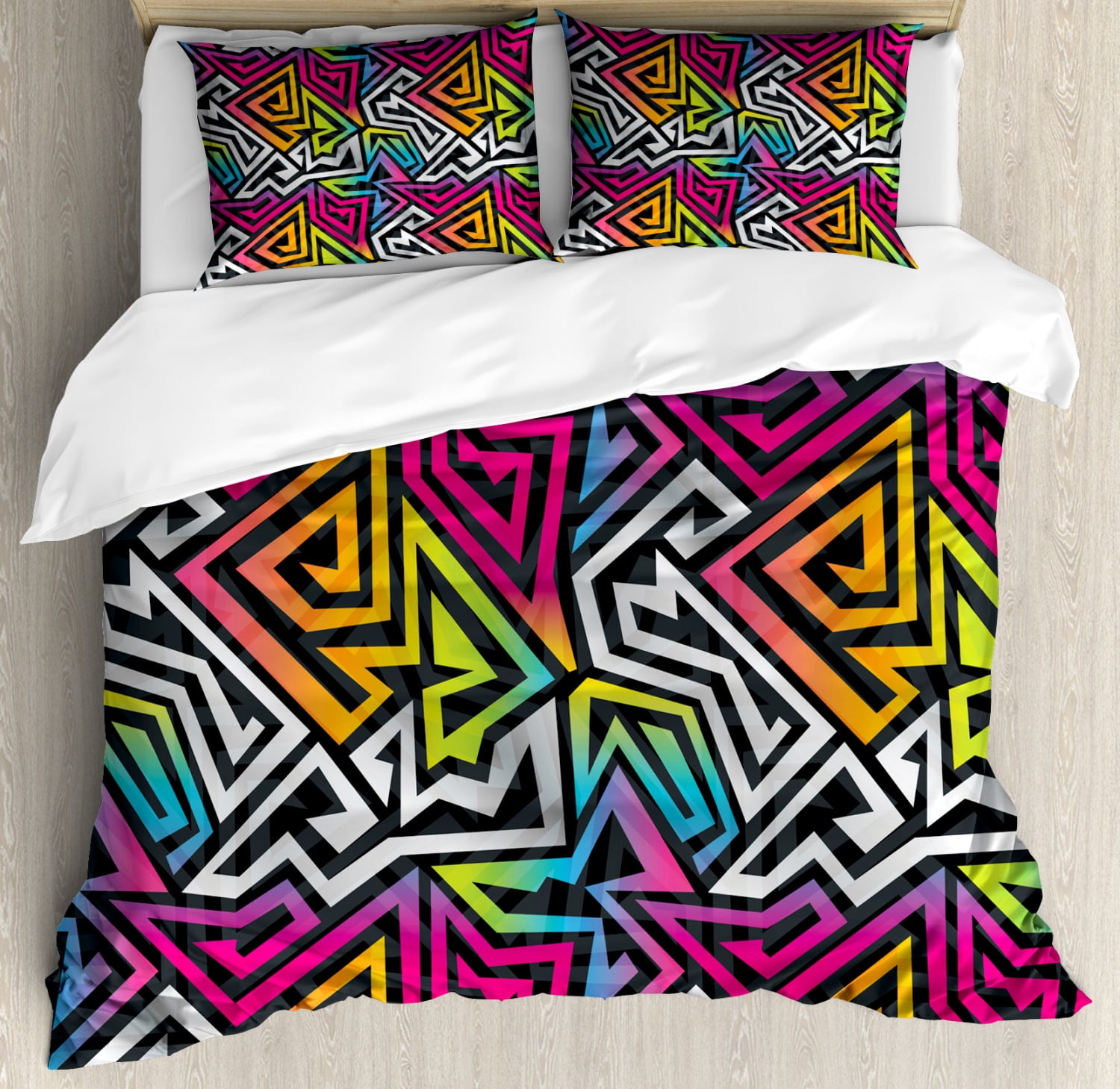 Urban Graffiti King Size Duvet Cover Set, Rainbow Colored Labyrinth ...