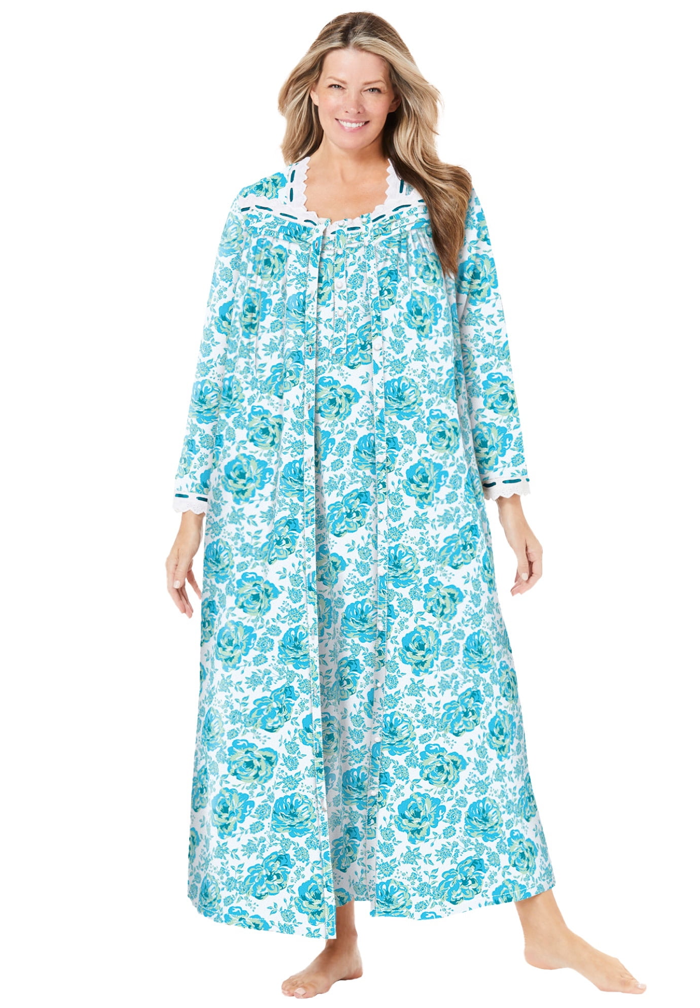 Only Necessities Women's Plus Size Long 2-Piece Cabbage-Rose Peignoir ...