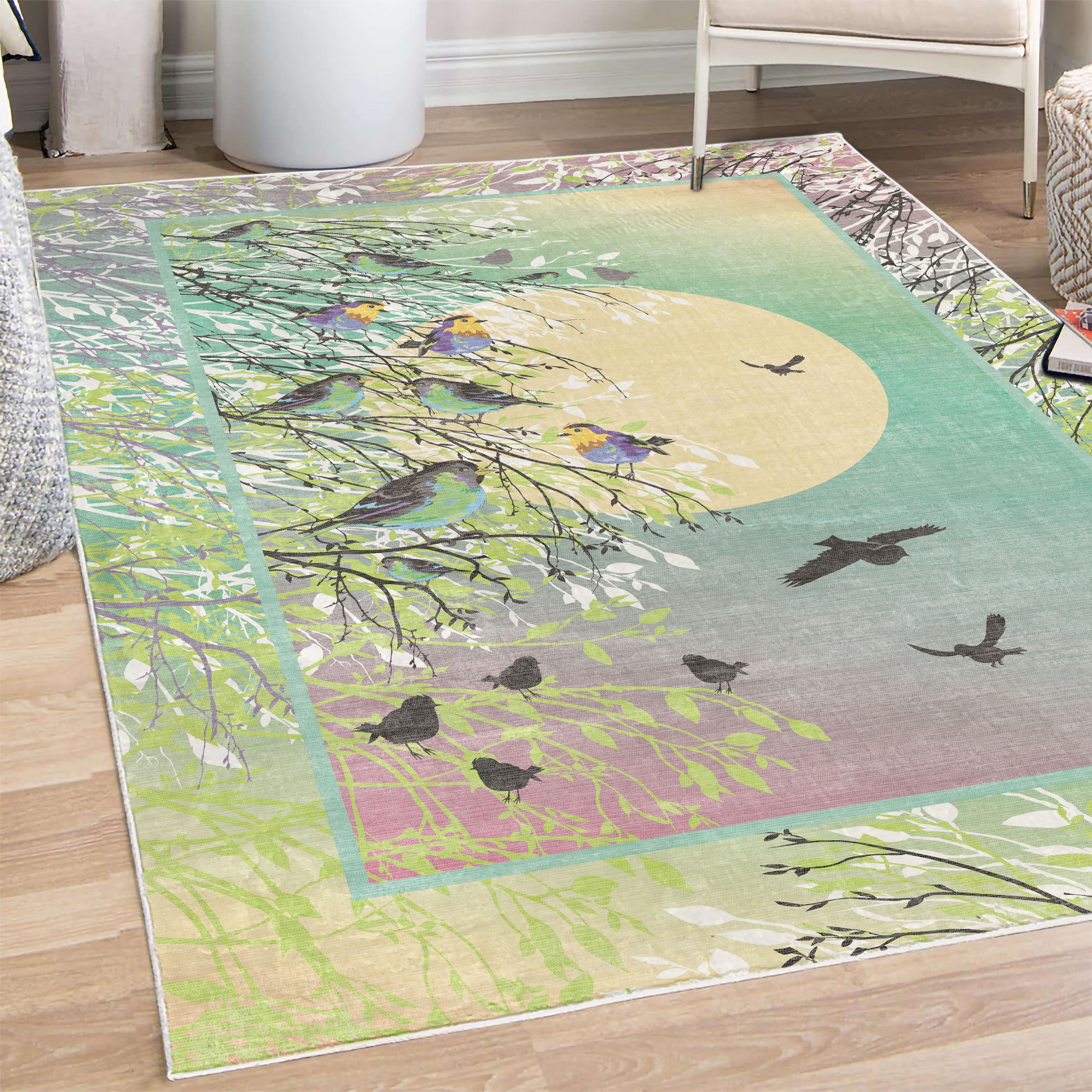 Birds Decorative Rug, Nature Themed Design of Flying Animals on Bare ...