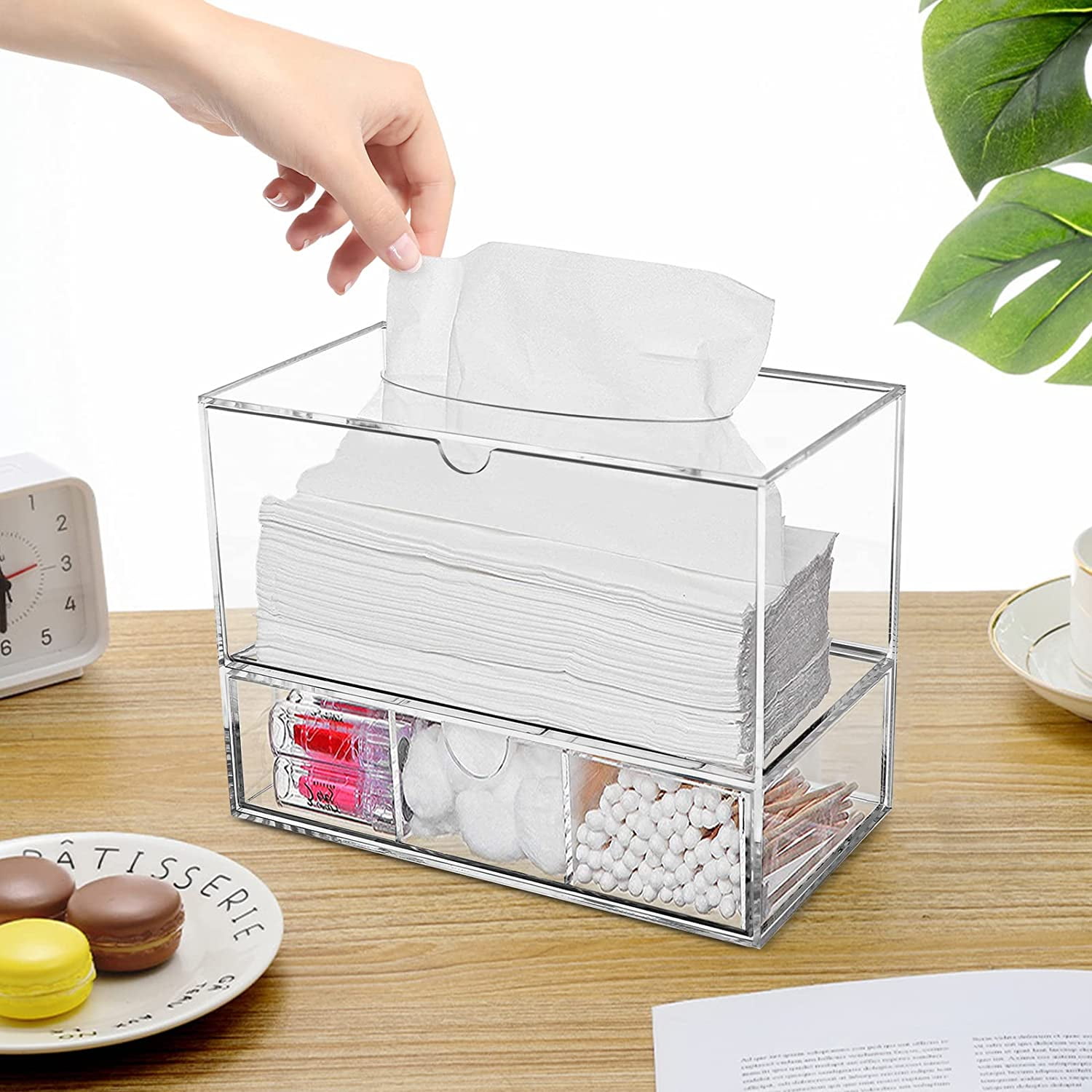 FETCOI 2-Tier Modern Clear Acrylic Organizer Tissue Box with Pull Out ...