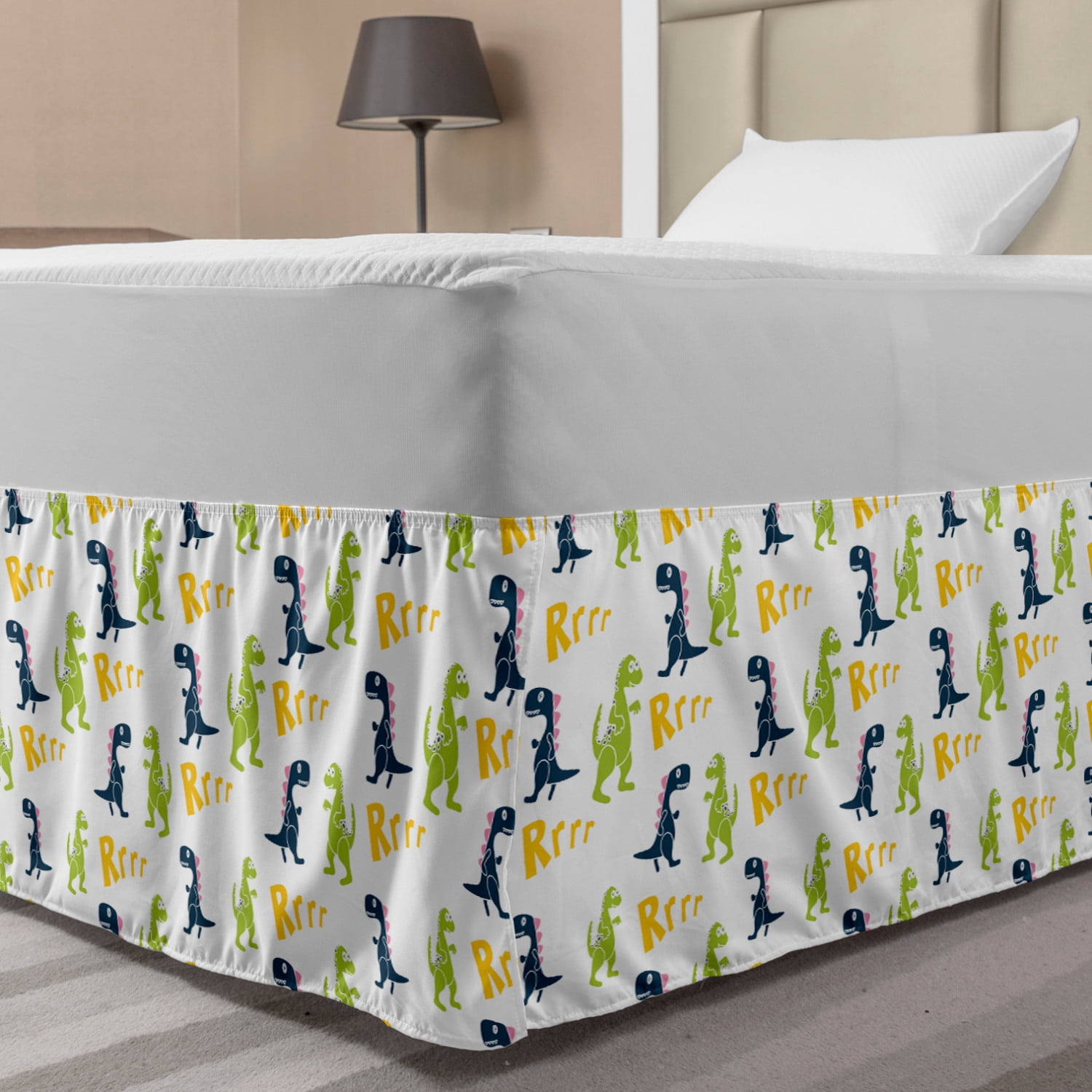 Dinosaur Party Bed Skirt, Happy Cartoon Dino Reptile Rrrr Text on Plain ...